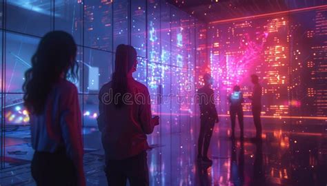 business professionals observing digital data visualizations stock