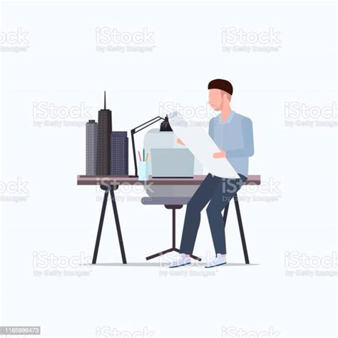 건축가 들고 청사진 새로운 집 프로젝트 남자 주택 계약자 설계 주택 계획 엔지니어 건물 모델 전체 길이 평면 작업장에 앉아 계획에 대한 스톡 벡터 아트 및 기타 이미지