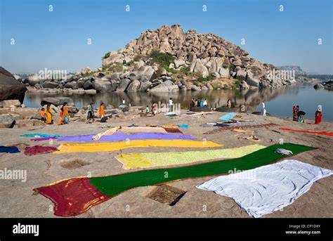 Indian People Bathing Tungabhadra River High Resolution Stock