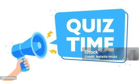 밝고 매력적인 벡터 일러스트레이션 의 손 들고 메가폰 퀴즈 시간 발표 시험에 대한 스톡 벡터 아트 및 기타 이미지 시험
