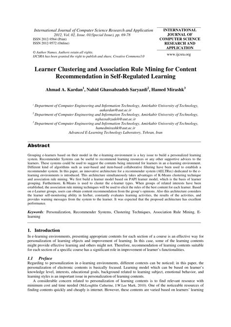 Pdf Learner Clustering And Association Rule Mining For Content Recommendation In Self