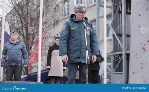 Man In Emercom Uniform Say Speech In Microphone On Stage Outdoor Stock Footage Video Of