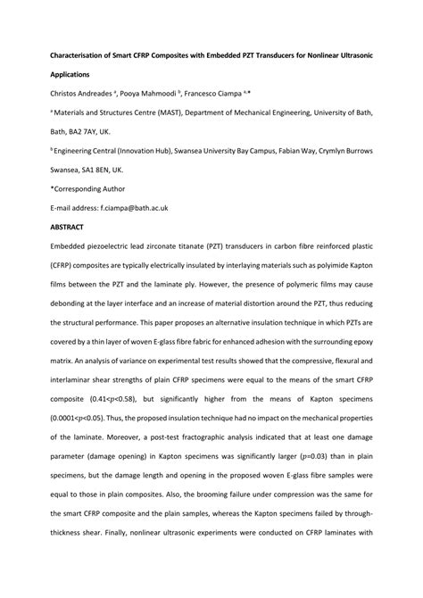 Pdf Characterisation Of Smart Cfrp Composites With Embedded Pzt Transducers For Nonlinear