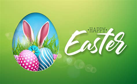 벡터 그림 그려진된 달걀 토끼 귀와 빛나는 녹색 배경에 꽃 행복 한 부활절 휴가의 인사말 카드 파티 초대장 또는 프로 모션 배너