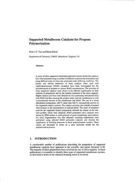 Polymerization Supported Metallocene Catalysts Propene Download Free Pdf Silicon Dioxide