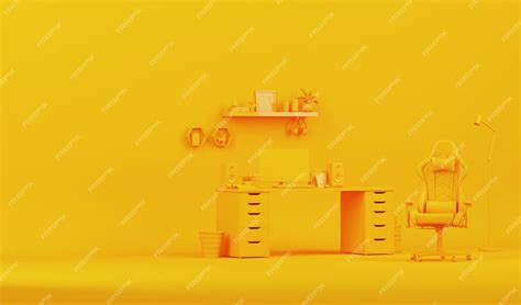 파스텔 노란색 단색 최소한의 사무실 테이블 책상 성공적인 상인의 측면보기 3d 렌더링 프리미엄 사진