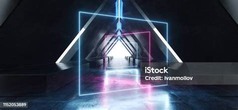 공상 과학 소설 삼각형 우주선 네온 빛나는 레이저 광속 가상 빛 자주색 파란 형광 콘크리트 그런 지 지하철 갱도 백색 발광 복도 3d 렌더링 0명에 대한 스톡 사진 및 기타
