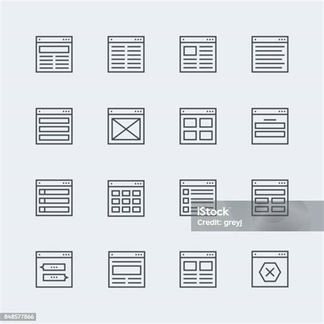 웹 사이트 또는 응용 프로그램 와이어 프레임 템플릿 및 디자인 레이아웃 아이콘 선 스타일 웹사이트 와이어프레임에 대한 스톡 벡터 아트 및 기타 이미지 웹사이트 와이어