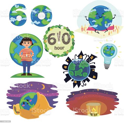 지구 시간 개념을 설정 저장 행성 60 분 또는 1 시간 빛 양 초 국제 세계의 날 밤에 빛을 끄고 벡터 일러스트 레이 션 60에 대한 스톡 벡터 아트 및 기타 이미지