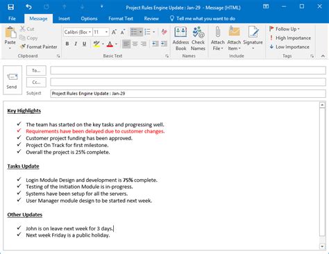 Project Status Update Email Template
