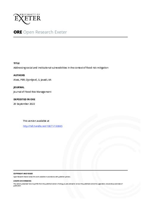 Pdf Addressing Social And Institutional Vulnerabilities In The Context Of Flood Risk