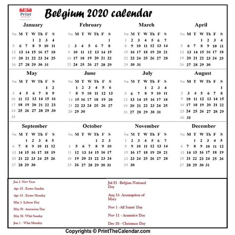 Belgium Calendar 2020 With Belgium Public Holidays