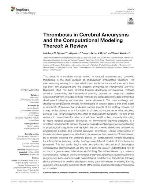 Pdf Thrombosis In Cerebral Aneurysms And The Computational Modeling Thereof A Review