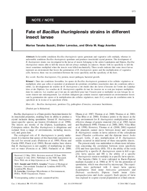 Pdf Fate Of Bacillus Thuringiensis Strains In Different Insect Larvae