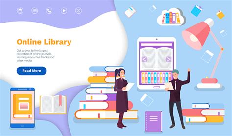온라인 도서관 전자 책 보관 인터넷을 통한 독서 학습을위한 교육 웹 사이트 개념에 대한 스톡 벡터 아트 및 기타 이미지 개념