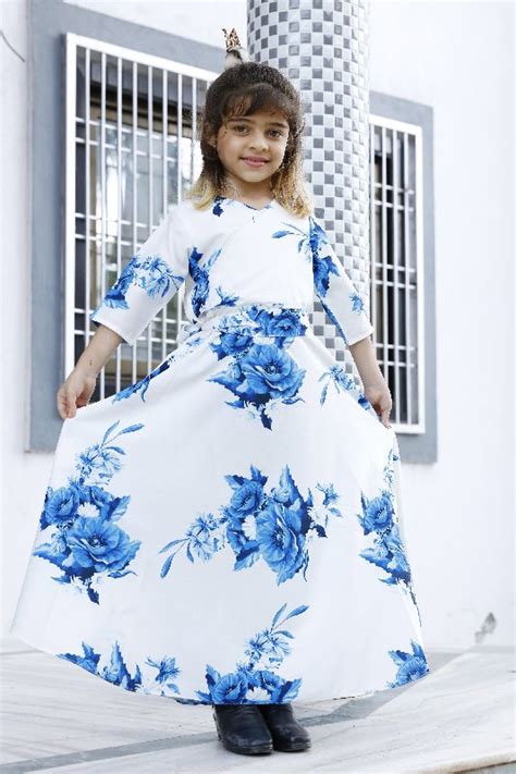 Girls White Floral Printed V Neck Fit And Flare Gown With Belt At Rs