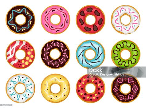 도넛 탑 뷰 과자 디저트 컬렉션은 메뉴 디자인 카페 장식 배달 상자를 위해 유약으로 들어갑니다 다른 뿌리가있는 사탕 음식 전통적인 아침 식사 가리기에 대한 스톡 벡터 아트