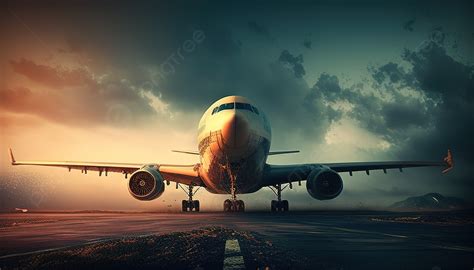 An Airplane On A Runway In Front Of A Dark Time Of Day Background