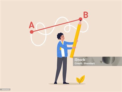 비즈니스 성공 또는 어려운 경로 및 장애물 개념을 얻는 쉬운 방법 또는 지름길 손에 펜을 들고 있는 남자는 A 지점에서 B 지점으로 그리는 선을 곧고 복잡한 길로 이끈다