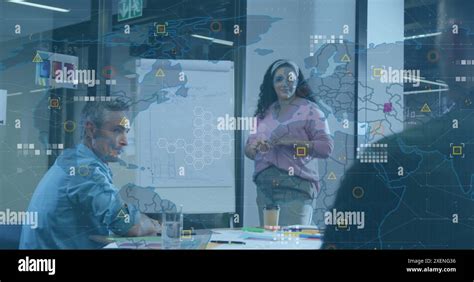 Image Of World Map And Data Processing Against Biracial Woman Giving A