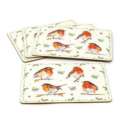 Set Of 4 Winter Robins And Holly Table Placemats 4 Piece Festive Robin Carousel