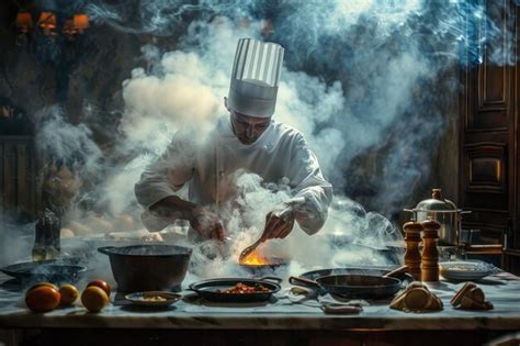 Chef In The Process Of Preparing A Complex Dish Premium Ai Generated