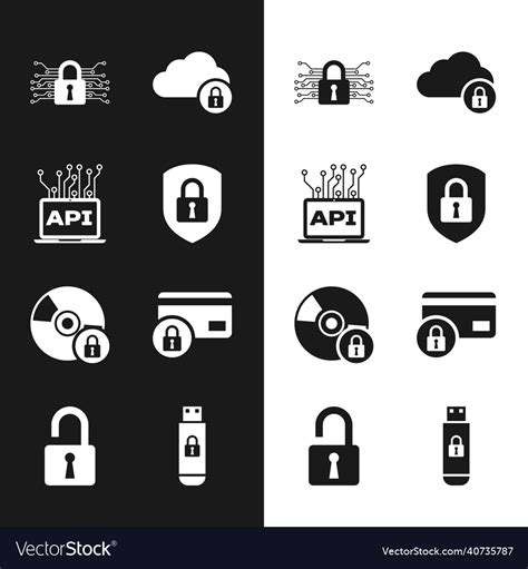 Set Shield Security With Lock Computer Api Vector Image