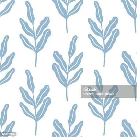 흰색 배경에 낙서 간단한 잎 가지 파란색 장식과 고립 된 원활한 패턴 0명에 대한 스톡 벡터 아트 및 기타 이미지 0명 꽃