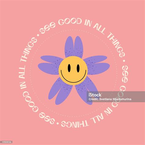 레트로 그루비 스마일리 데이지 플라워는 영감을 주는 슬로건으로 프린트됩니다 모든 것에서 좋은 것을 보세요 그래픽 티셔츠 또는