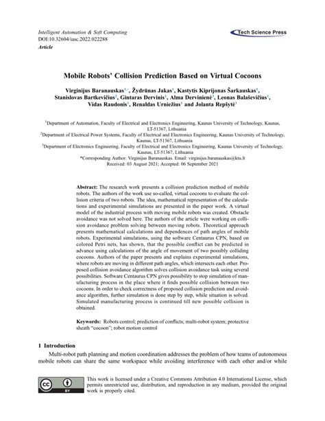 Pdf Mobile Robots Collision Prediction Based On Virtual Cocoons