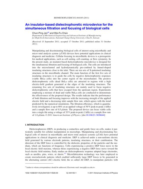 Pdf An Insulator Based Dielectrophoretic Microdevice For The Simultaneous Filtration And