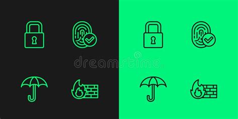 Set Line Firewall Security Wall Umbrella Lock And Fingerprint Icon Vector Stock Vector