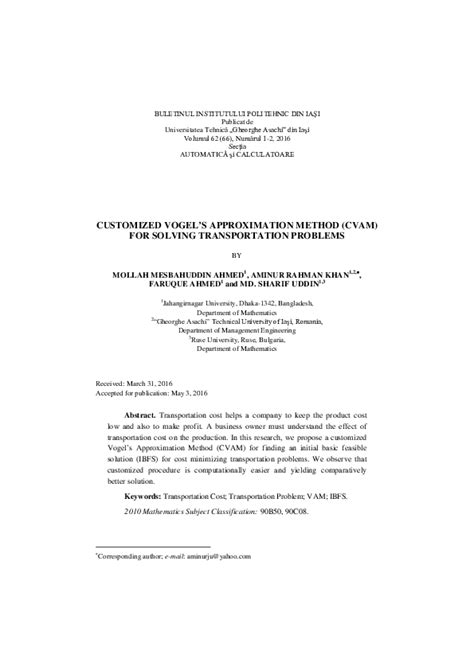 Pdf Customized Vogels Approximation Method Cvam For Solving