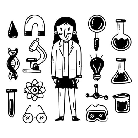 실험실 장비 일러스트와 함께 과학자의 집합 프리미엄 벡터