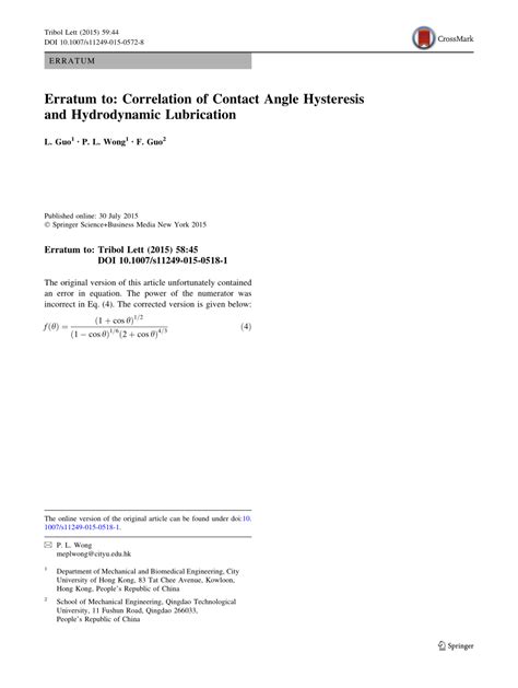 Pdf Correlation Of Contact Angle Hysteresis And Hydrodynamic Lubrication