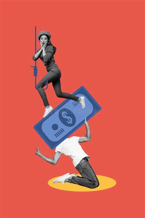 Vertical Photo Collage Of Shocked Girl Catch Hook Fishing Fail Fake Banknote Instead Guy Head