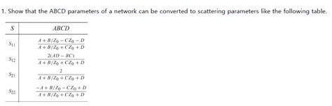 solved 1 show that the abcd parameters of a network can be