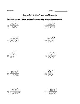 Worksheet Division Properties Of Exponents Tpt