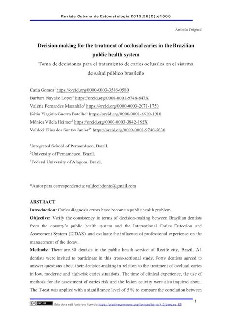 Pdf Decision Making For The Treatment Of Occlusal Caries In Scielo Sld Cu Pdf Est V56n2