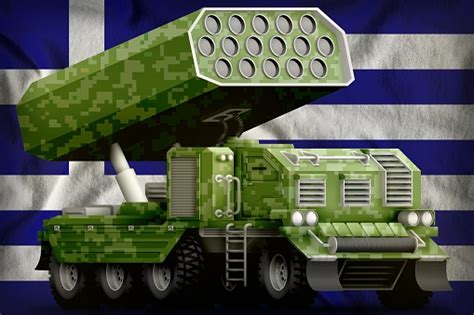 로켓 포병 그리스 국기 배경에 녹색 픽셀 위장 미사일 발사대 3 차원 일러스트 레이 션 교통수단에 대한 스톡 사진 및 기타