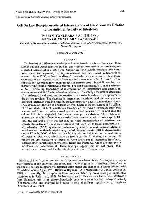Pdf Cell Surface Receptor Mediated Internalization Of Interferon Its