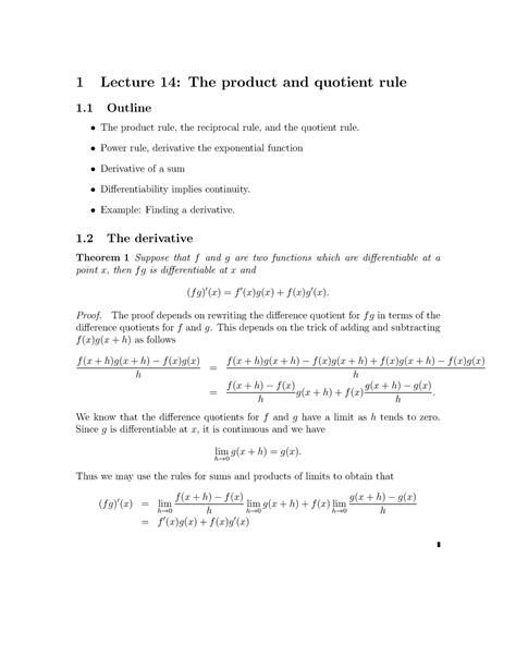 calculus i derivatives of sums products and quotients 1 lecture 14