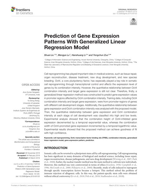 Pdf Prediction Of Gene Expression Patterns With Generalized Linear Regression Model
