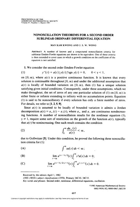 Pdf Nonoscillation Theorems For A Second Order Sublinear Ordinary