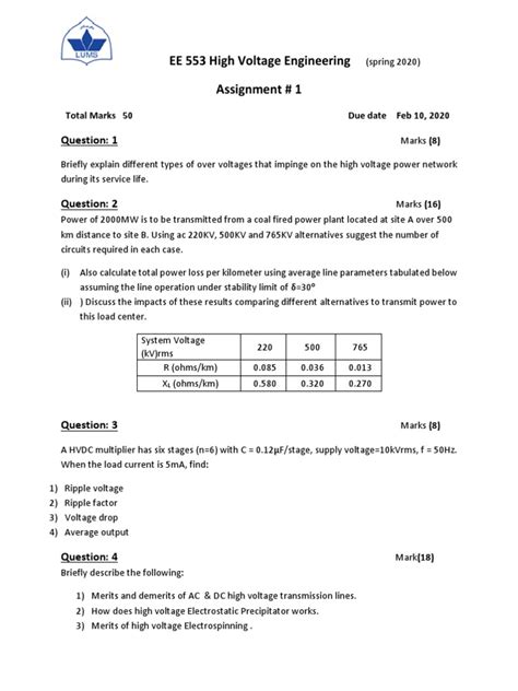 Ee 553 High Voltage Engineering Assignment 1 Pdf