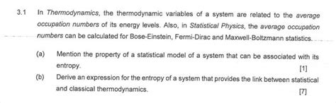 Solved 3 1 In Thermodynamics The Thermodynamic Variables Of