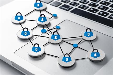 Network Security Nodes Connected By Blue Lines And Secured By Digital
