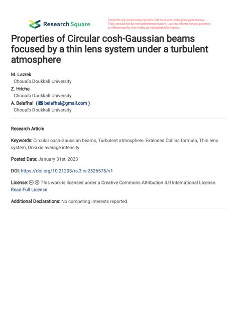 Pdf Properties Of Circular Cosh Gaussian Beams Focused By A Thin Lens System Under A Turbulent