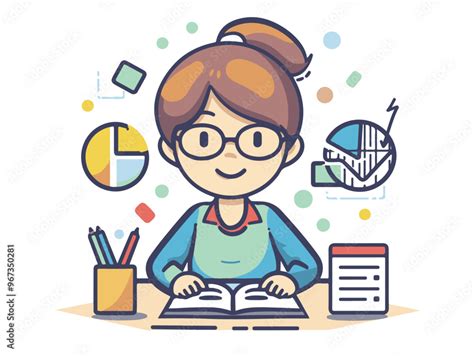 A Vectorial Icon Representing A Young Teacher Giving A Course About Statistics And Creating