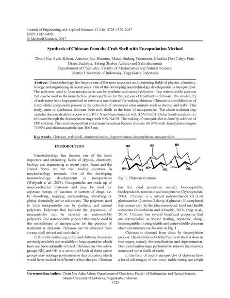 Pdf Synthesis Of Chitosan From The Crab Shell With Encapsulation Method